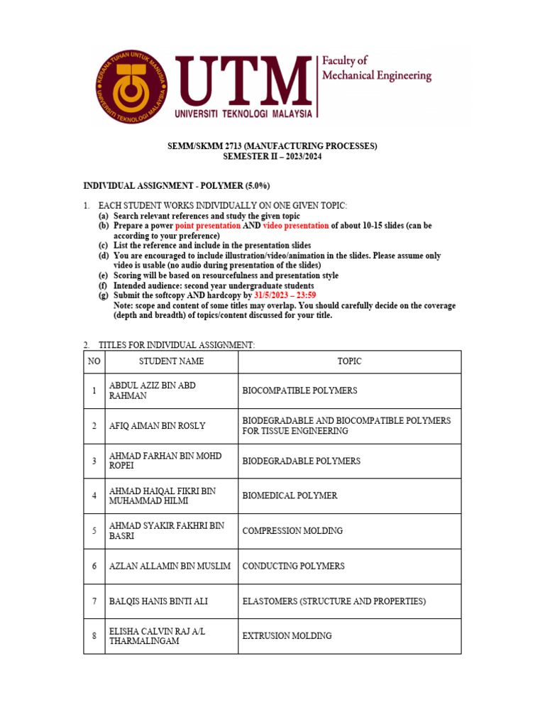 Assignment Polymer Utmspace Sem 2 2023 2024 Final | PDF | Polymers ...