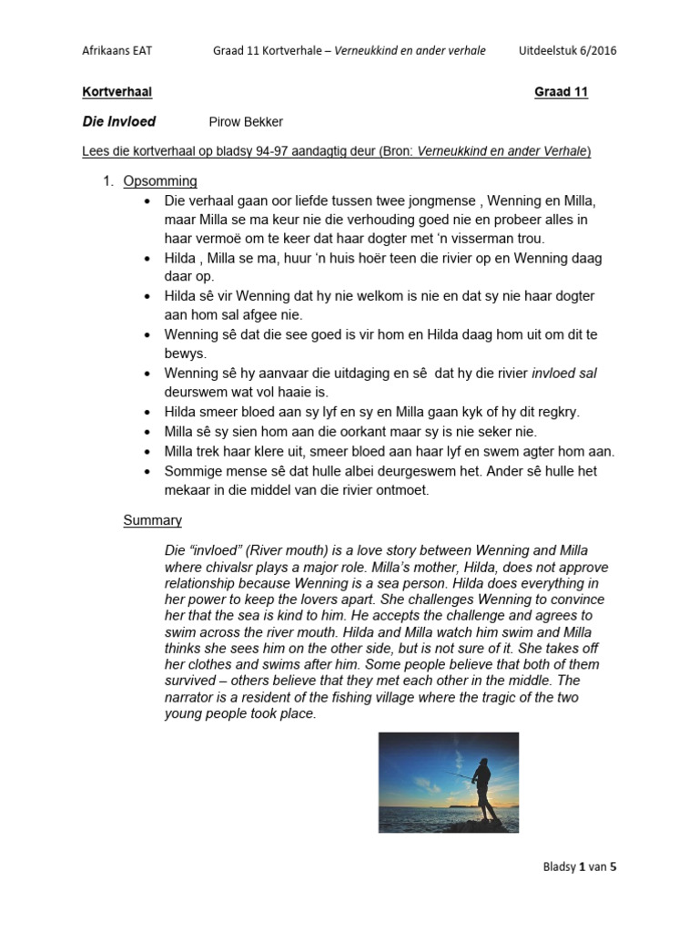 2016 Kortverhaal Graad 11 Die Invloed - Pirrow Bekker (Voorgeskryf) | PDF