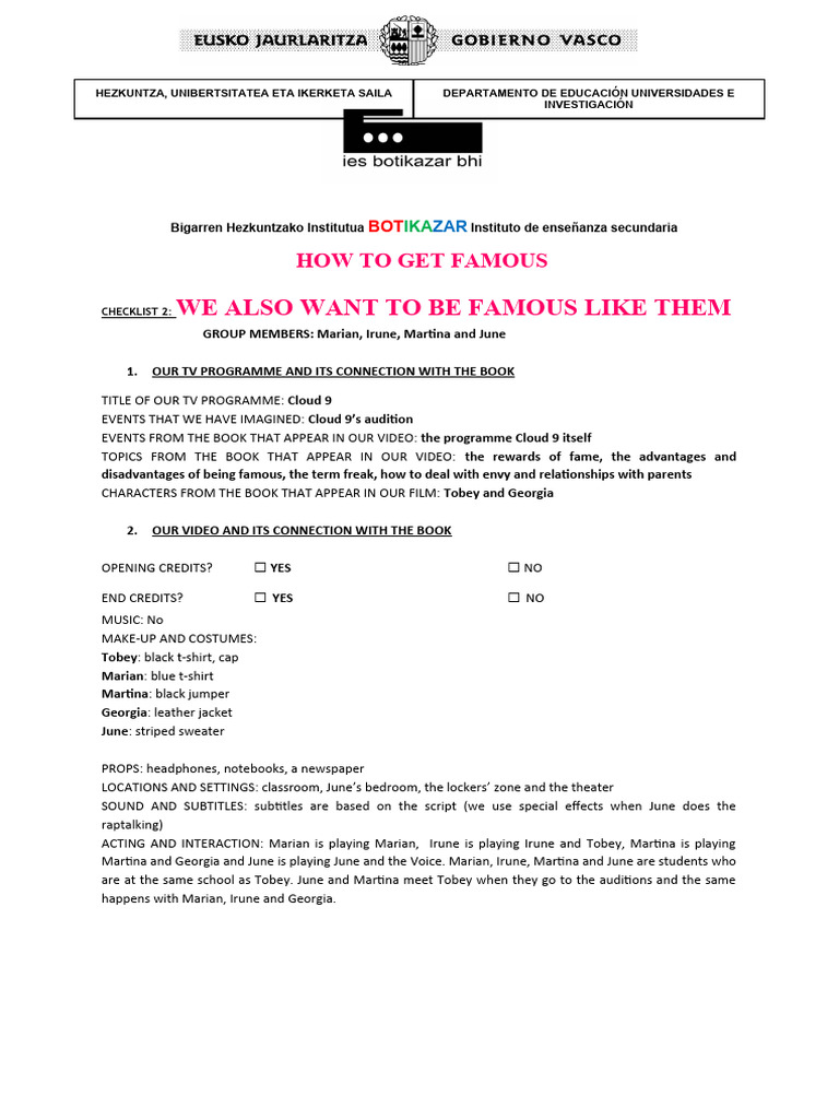 Checklist 2 We All Want To Be Famous Like Them | PDF | Linguistics