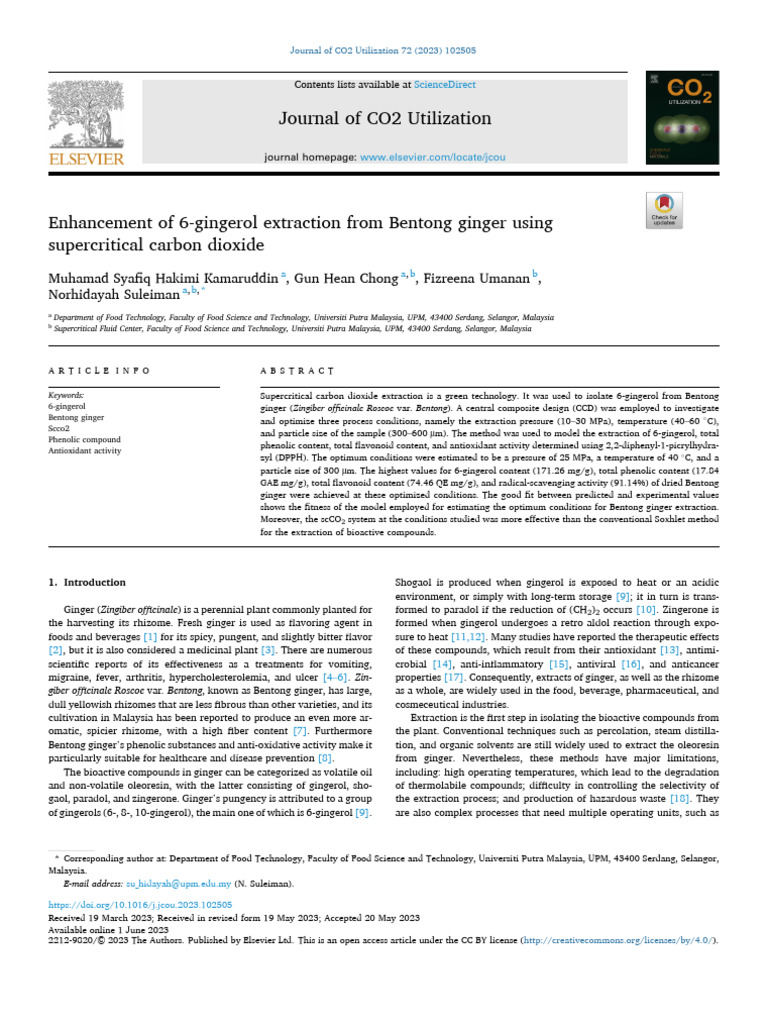Enhancement Of 6 Gingerol Extraction From Bentong Ginge 2023 Journal Of Co2 Download Free Pdf