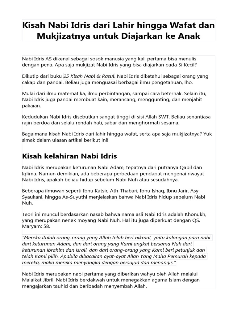 Kisah Nabi Idris | PDF | Agama & Spiritualitas | Dewasa Muda