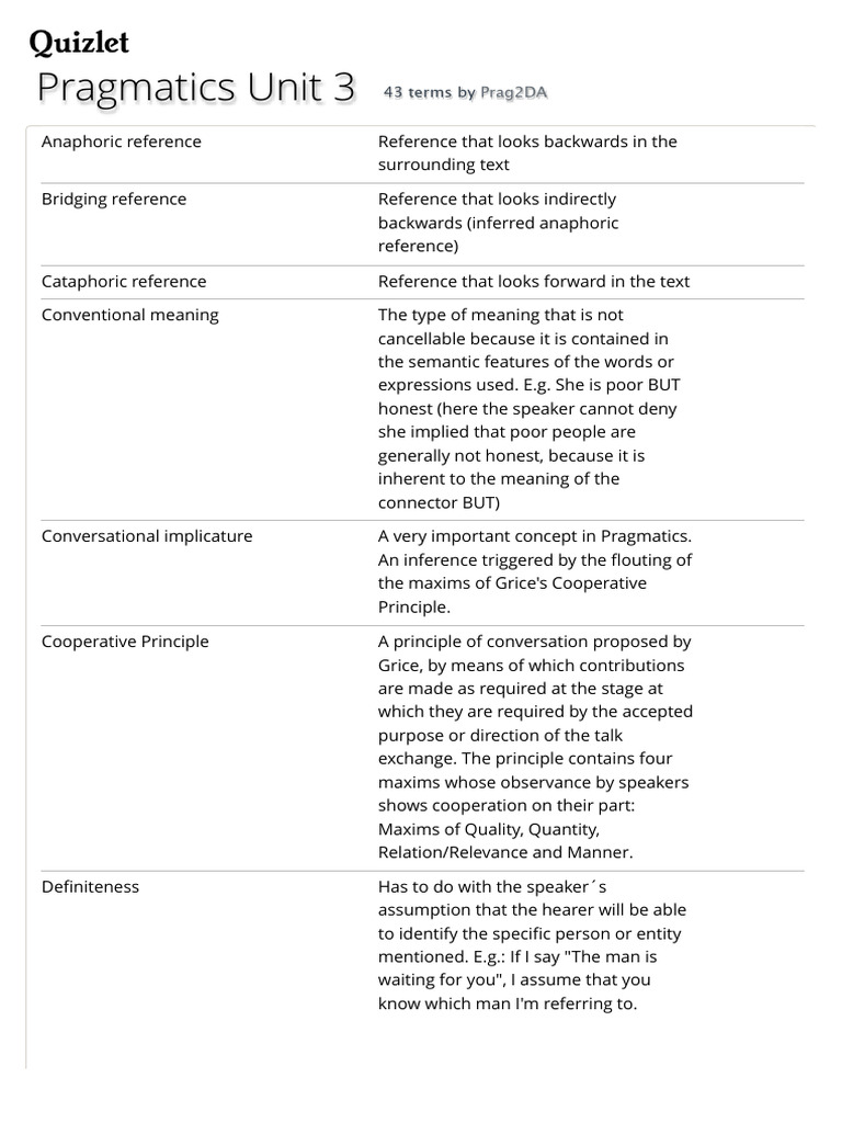 Pragmatics Unit 3 Flashcards Quizlet | PDF | Interpretation (Philosophy) | Semantics