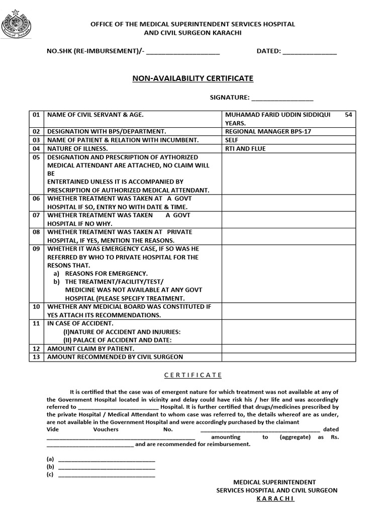 Non Availability Certificate | PDF | Medical Prescription | Hospital