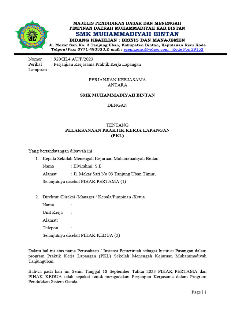 MOU PKL SMK Muhammadiyah Bintan T.P 2023-2024 | PDF | Bisnis | Pengelolaan Keuangan & Uang