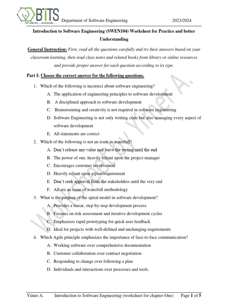 Intro - To Software Engineering Worksheet - Chapter 1 | PDF | Software ...