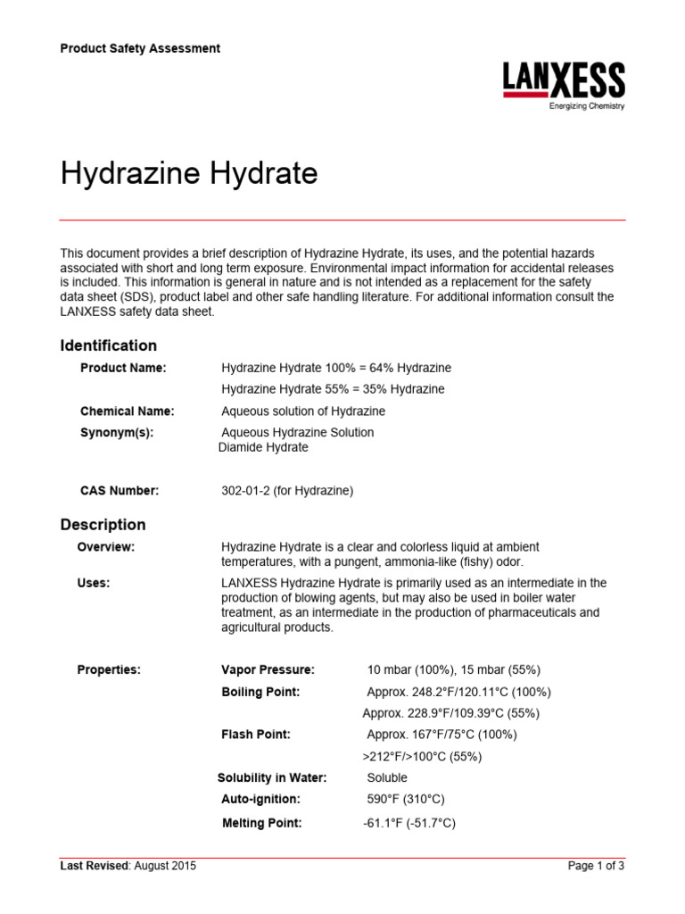 Hydrazine Hydrate Safety Overview | PDF | Toxicity | Water