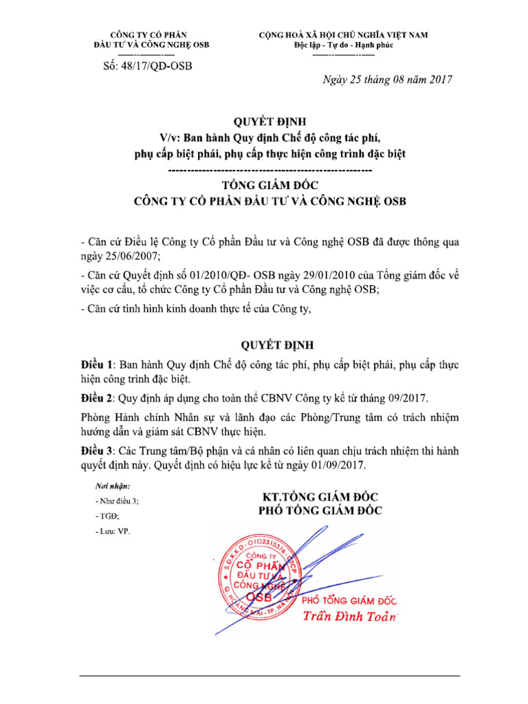 Quy Dinh Che Do Cong Tac Phi 2017-Ban Hanh | PDF