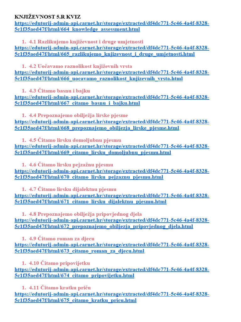 Hrvatski jezik 5_4_KNJIŽEVNOST KVIZOVI_SVO GRADIVO | PDF
