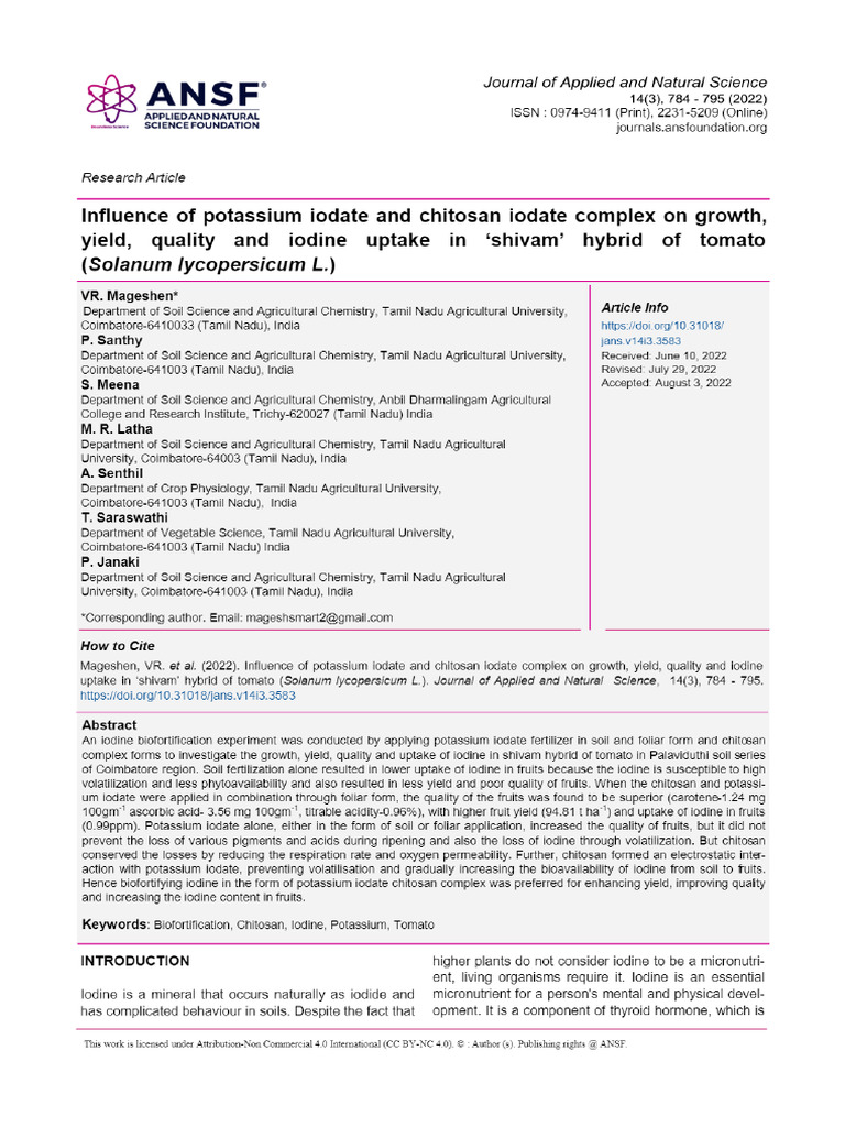 Influence of Potassium Iodate Ad Chitosan Iodate Complex On Growth ...