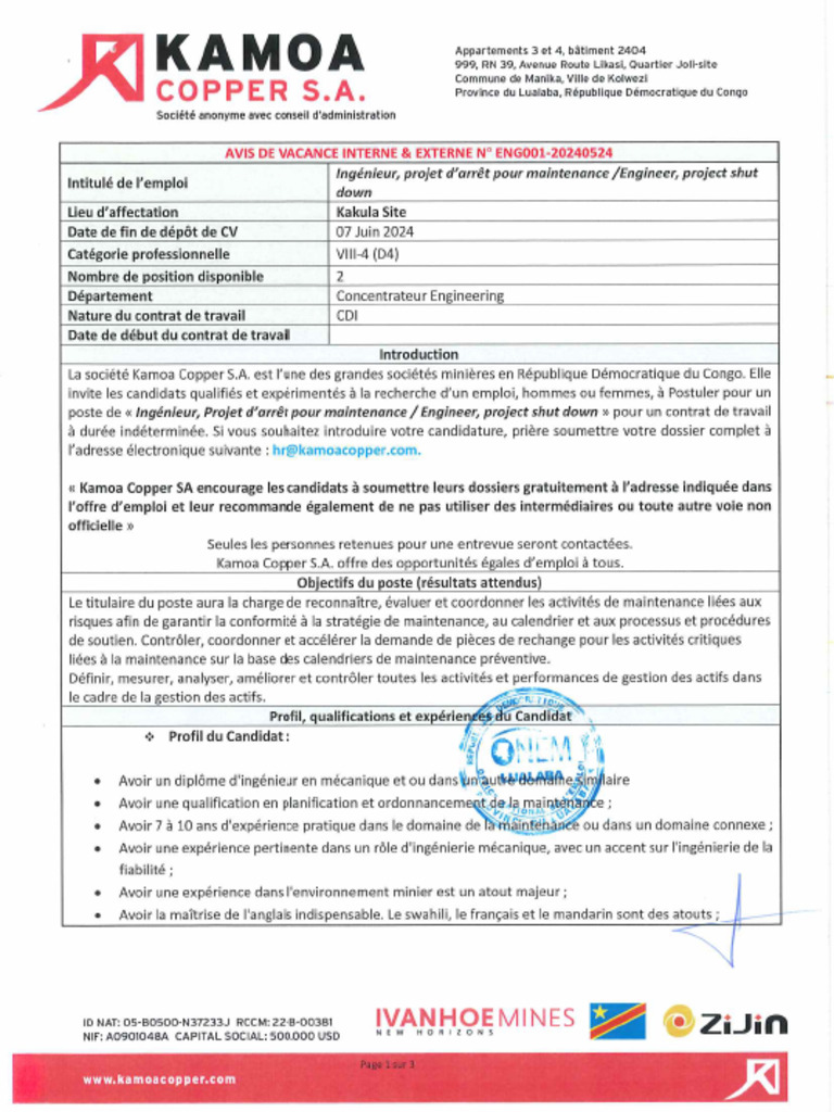 Advert N ENG001-20240524 Engineer Project Shut Down | PDF