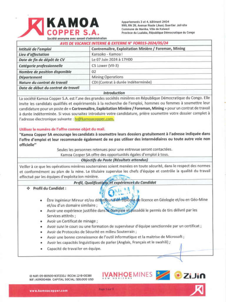 Advert N FOR015-2024!05!24 Foreman Mining | PDF
