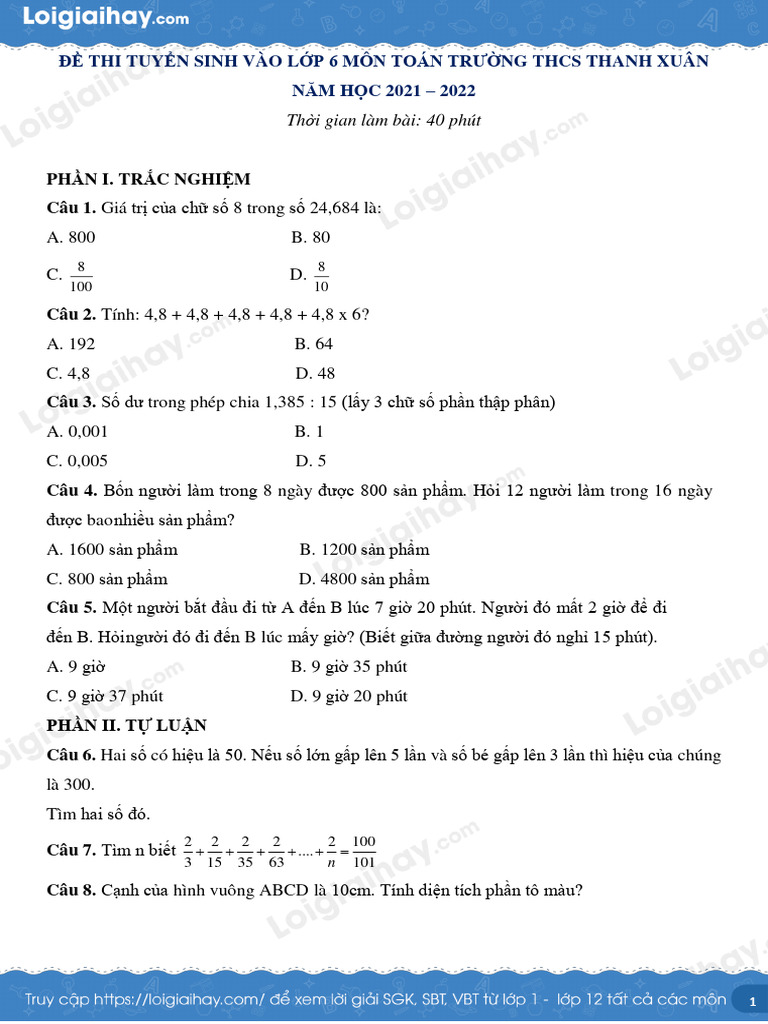 De Thi Vao Lop 6 Mon Toan Truong Thanh Xuan Nam 2021 1687861918 | PDF