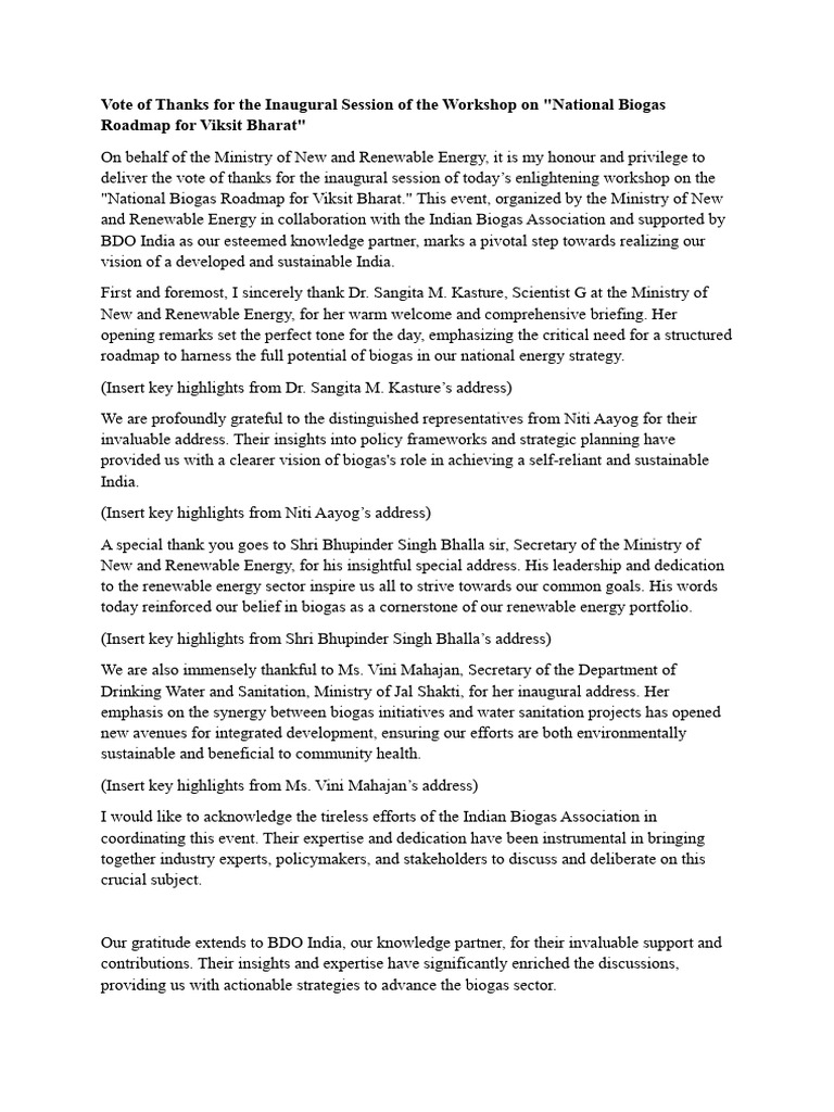 Vote of Thanks For The Inaugural Session of The Workshop - Draft | PDF | Sustainability