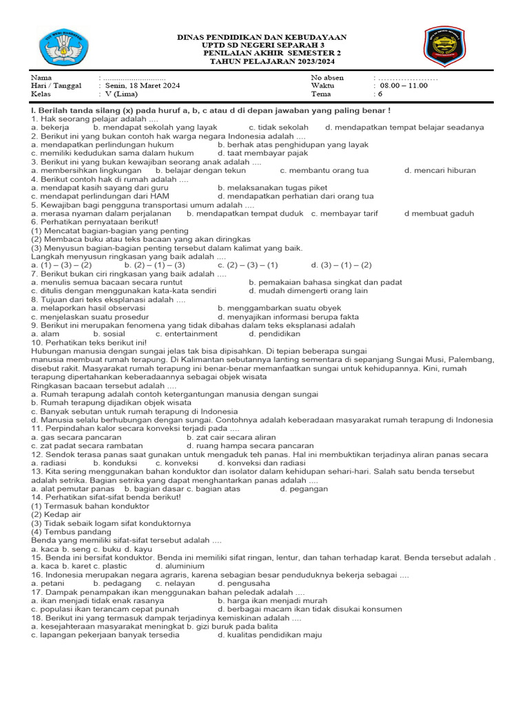 Soal PTS Tema 6 Kelas 5 Semester 2 | PDF | Kajian Bahasa Asing | Griya & Taman