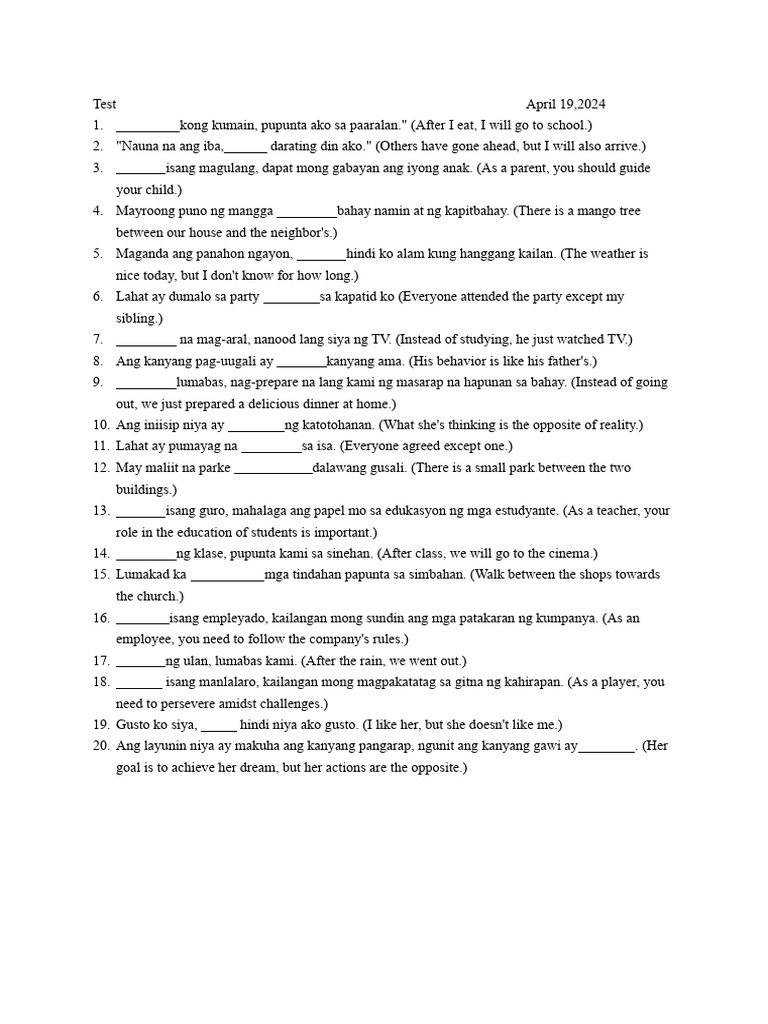 preposition tagalog quiz | PDF