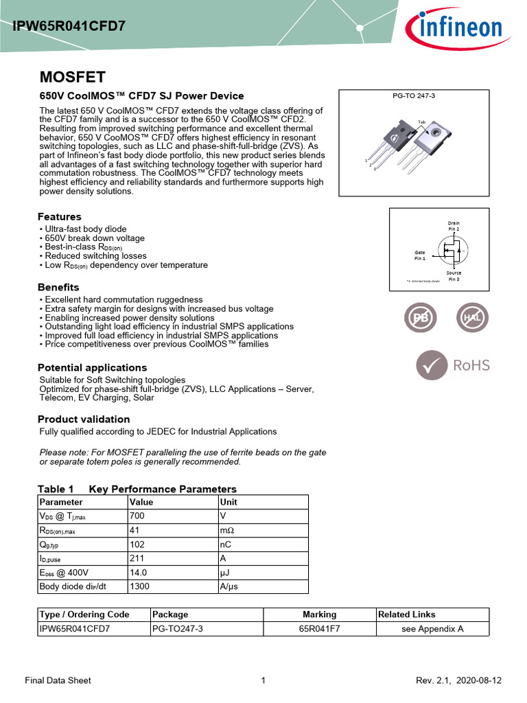 Infineon IPW65R041CFD7 DataSheet v02 01 EN-1901397 | PDF | Electromagnetism | Electronic Engineering