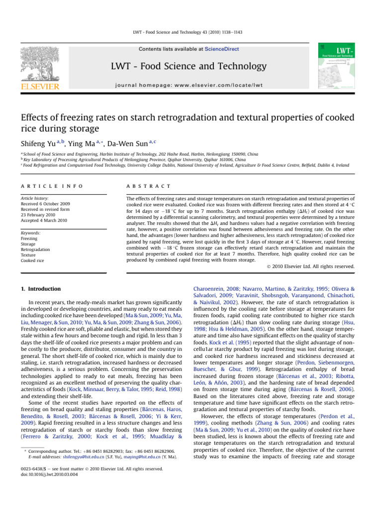 Effects of Freezing Rates On Starch Retrogradation and Textural ...