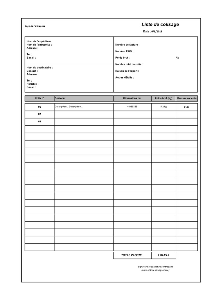 Modèle Liste de Colisage Français | PDF