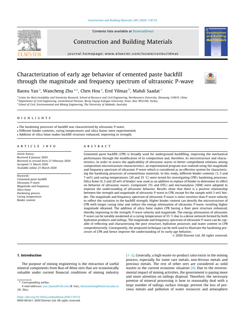 Characterization of Early Age Behavior of Cemented Paste Backfill ...