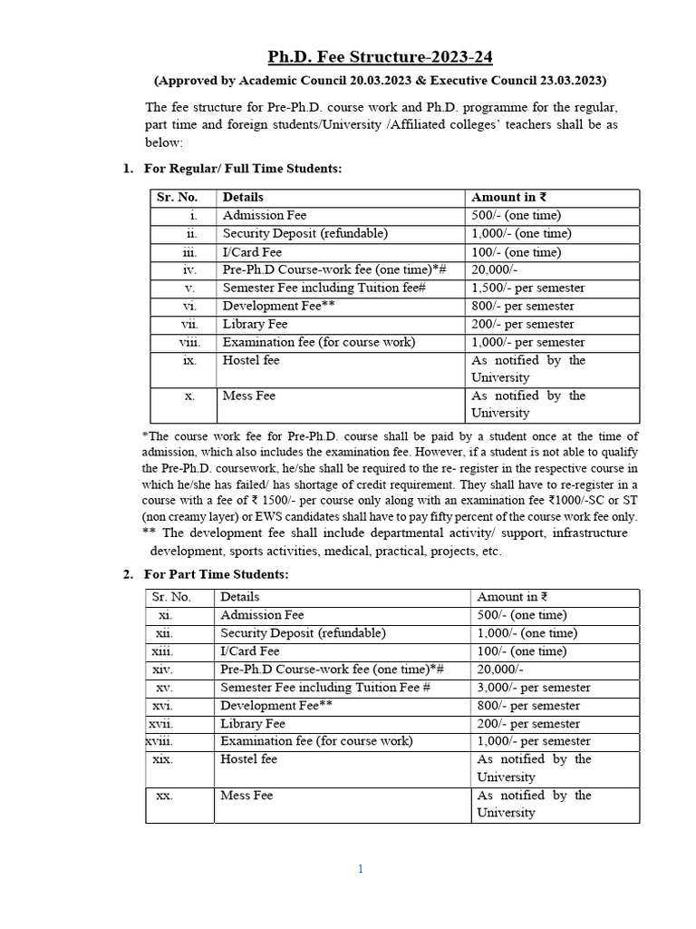 Ph.D. Fee Structure 2023-24 Details | PDF | Fee | Doctor Of Philosophy