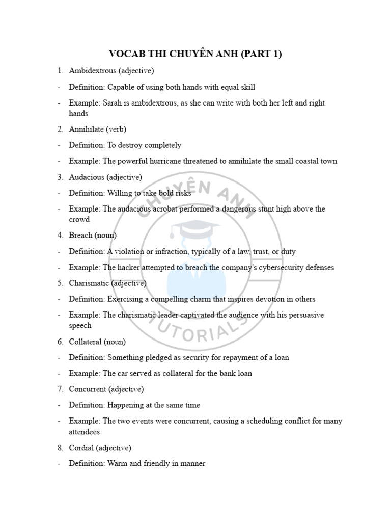 Vocab Thi Chuyên Anh Part 1 | PDF | Adjective | Verb