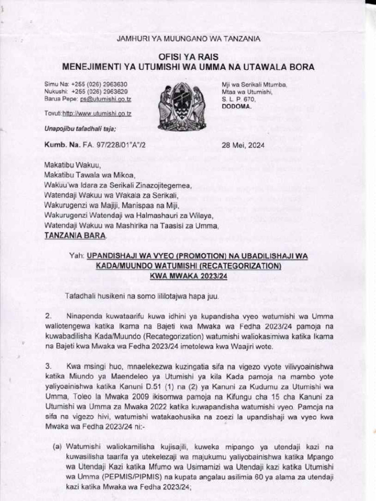 Kibali Cha Promotion& Recategorization - May, 2024 | PDF
