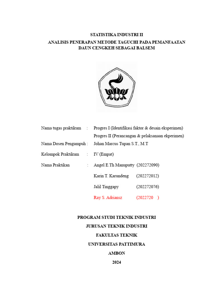 Statistika Industri II Metode Taguchi Kelompok 4 | PDF