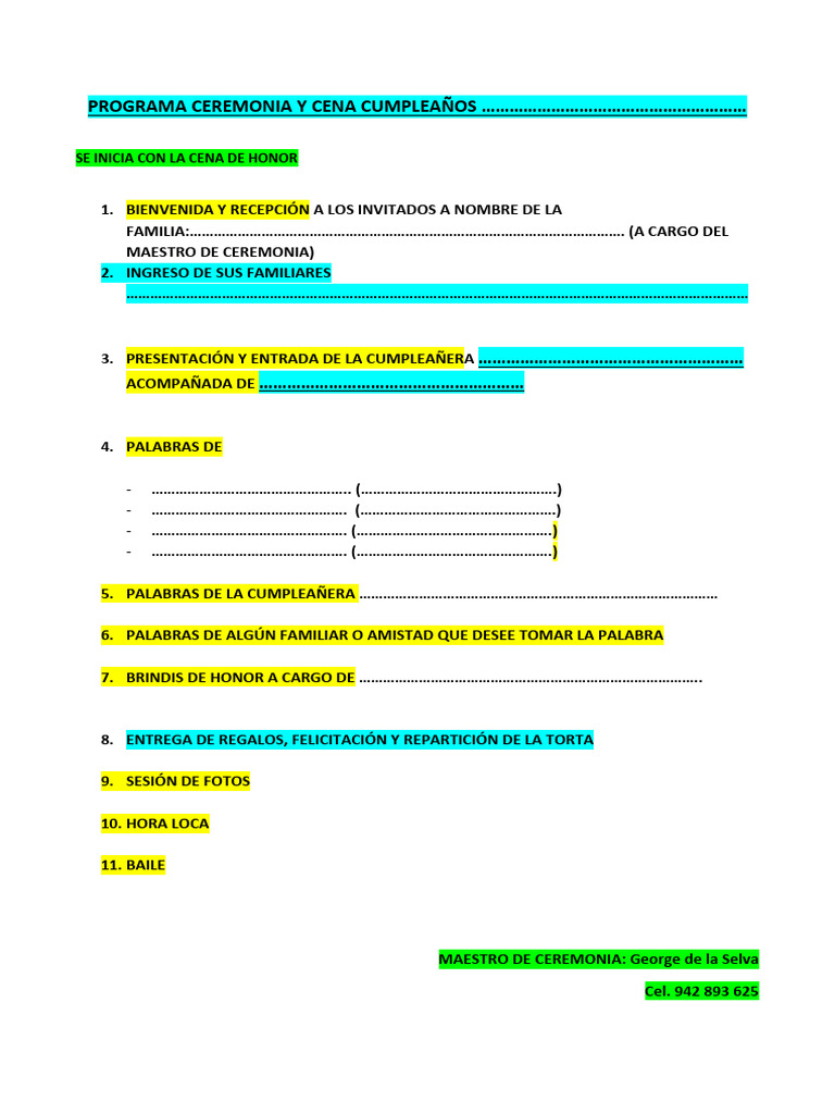 Modelo Programa Ceremonia Cumpleaños Pajonal Viernes 30 Set | PDF