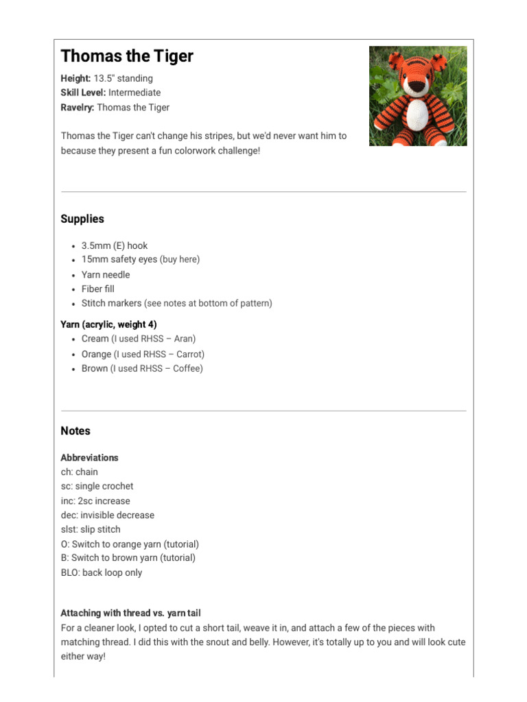 Intermediate Thomas the Tiger Crochet Pattern | PDF | Surgical Suture ...