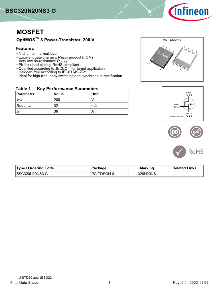BSC320N20NS3 G MOSFET Data Sheet | PDF | Semiconductors | Electromagnetism