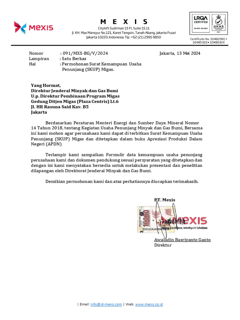 Permohonan SKUP Migas PT. Mexis | PDF