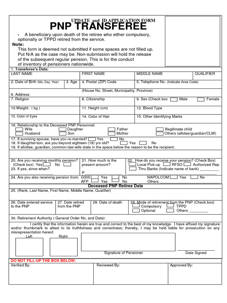 PNP Pension Transfer Update Form | PDF | Law