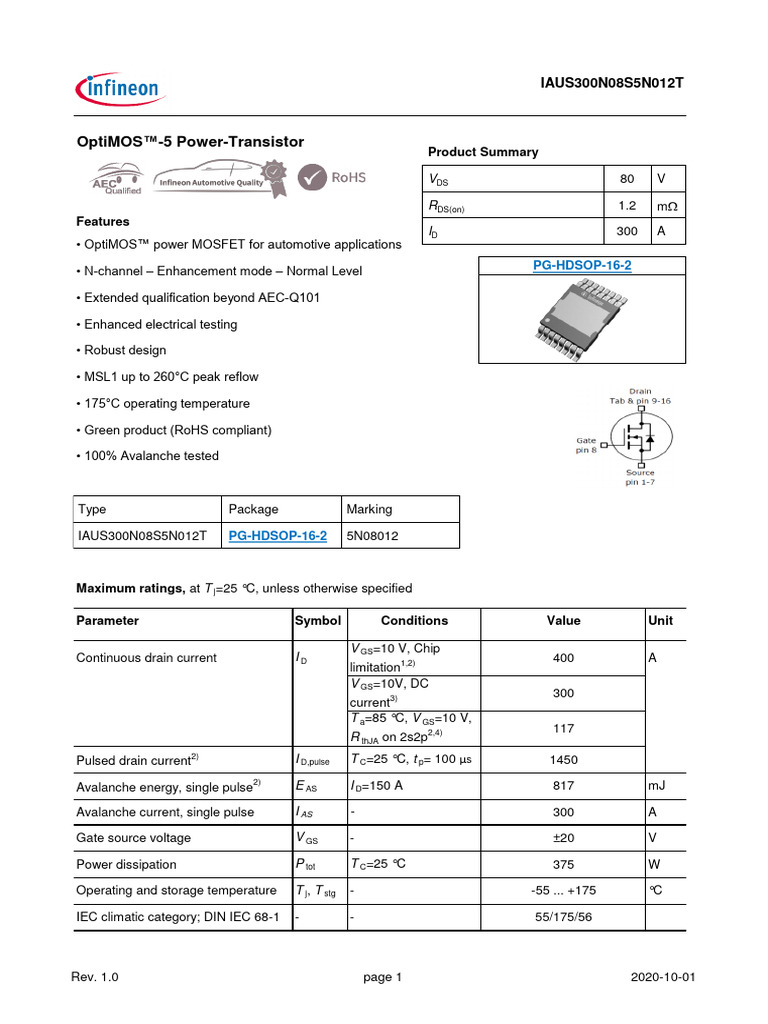 Infineon IAUS300N08S5N012T DataSheet v01 00 EN-2399798 | PDF | Field Effect Transistor | Diode