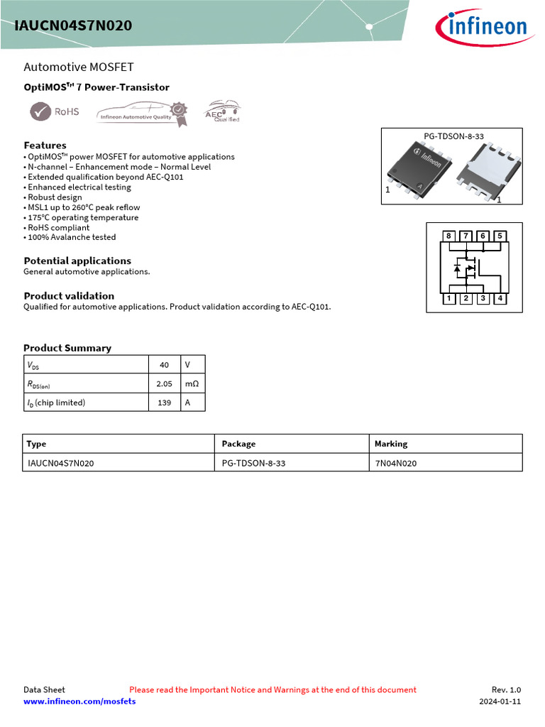 Infineon IAUCN04S7N020 DataSheet v01 00 EN-3392522 | PDF | Mosfet | Field Effect Transistor