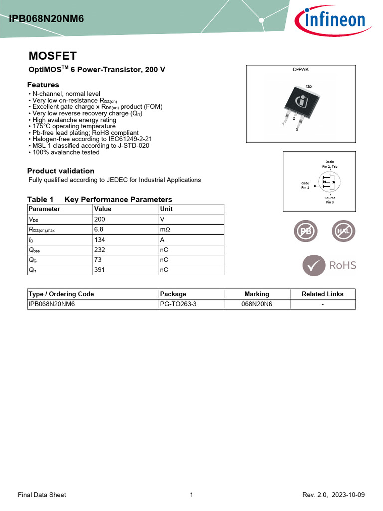 Infineon IPB068N20NM6 DataSheet v02 00 EN-3398029 | PDF | Diode | Electrical Equipment