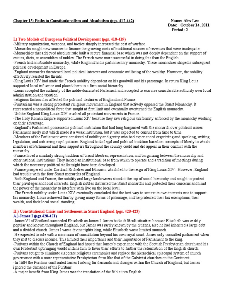 AP Euro Chapter 13 Outline Notes Template | PDF | Louis Xiv Of France ...