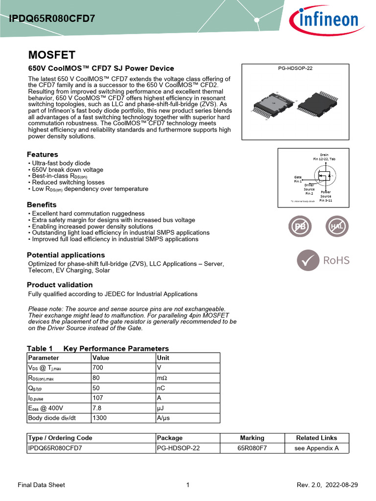 Infineon IPDQ65R080CFD7 DataSheet v02 00 EN-3223976 | PDF | Physical Quantities | Electric Power