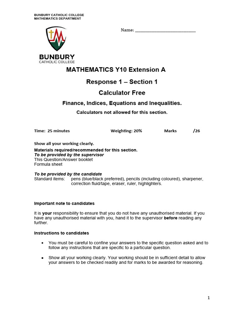 2024 Response 1 Yr 10 Ext A Finance Indices and Algebra | PDF ...