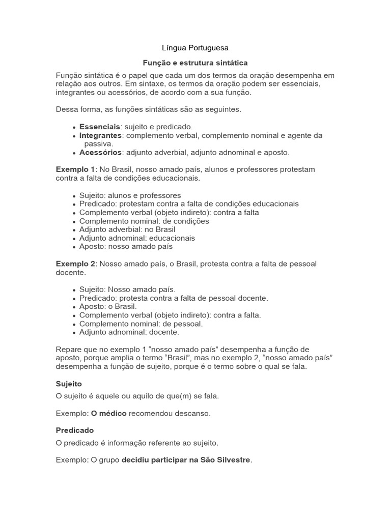 Função Sintática | PDF | Assunto (gramática) | Predicado (gramática)