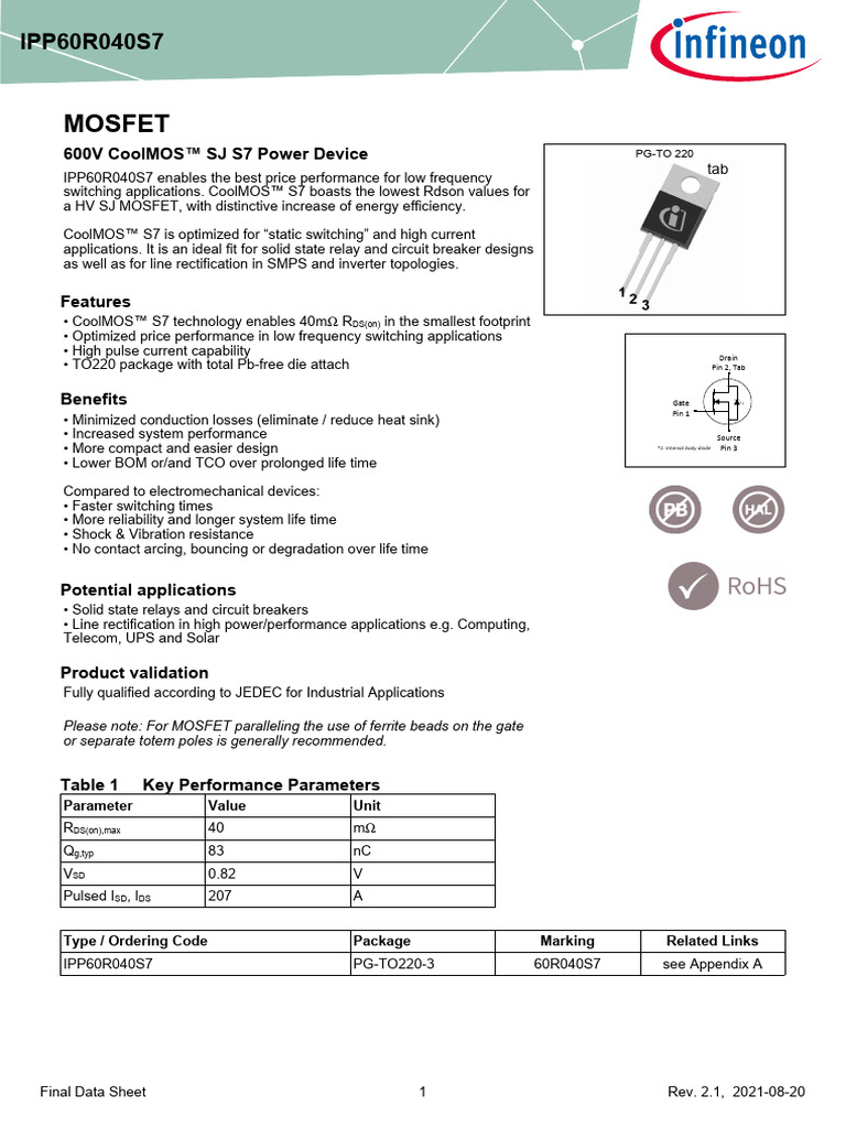 Infineon IPP60R040S7 DataSheet v02 01 EN-3007164 | PDF | Power Electronics | Semiconductor Devices