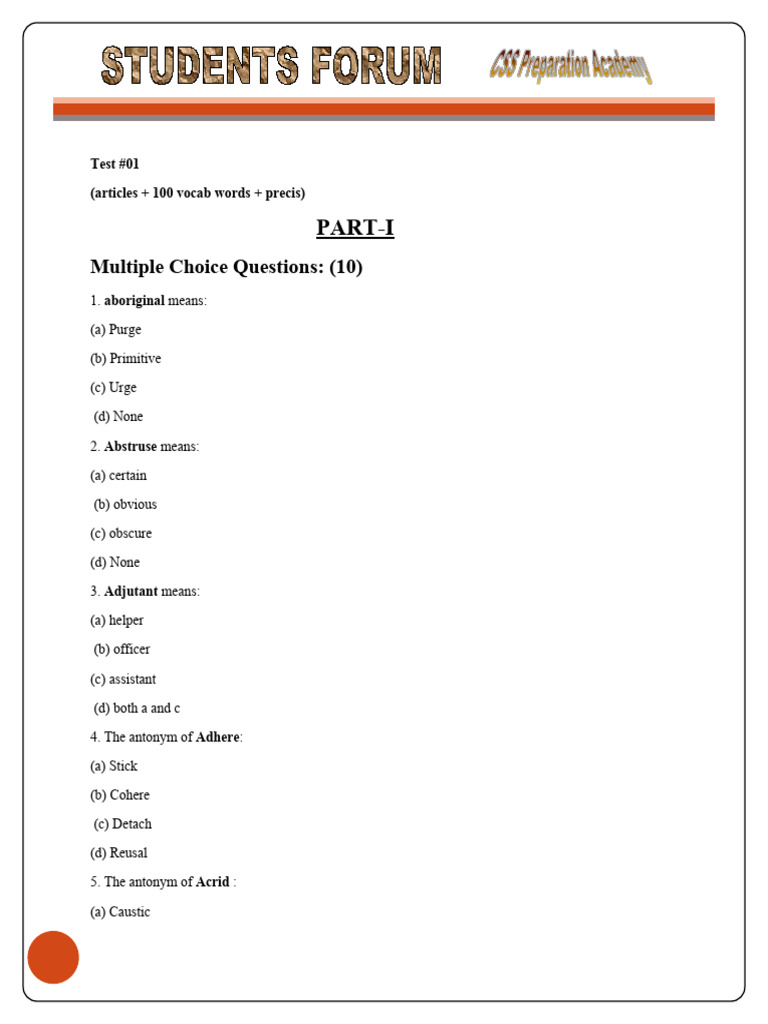 Part-I: Multiple Choice Questions | PDF