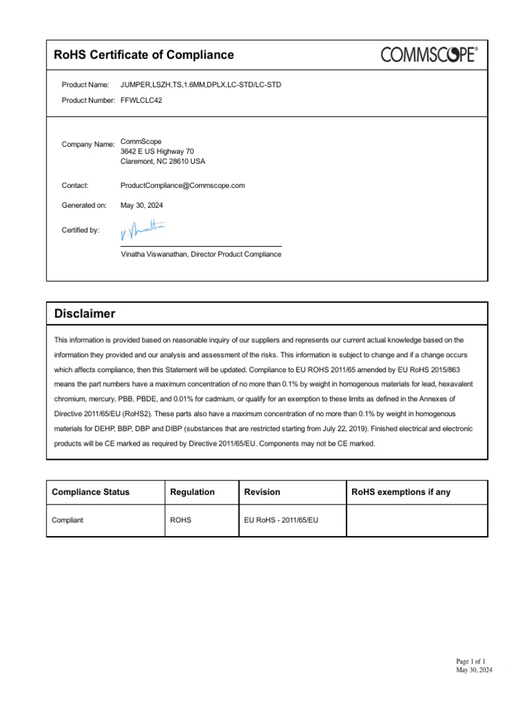 Apendix-4.2-RoHS Certificate of Compliance | PDF