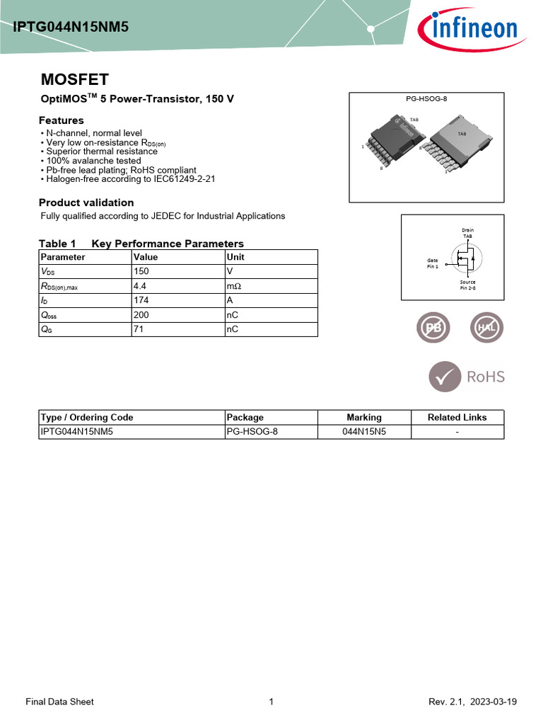 Infineon IPTG044N15NM5 DataSheet v02 01 EN-3362958 | PDF | Field Effect Transistor | Diode