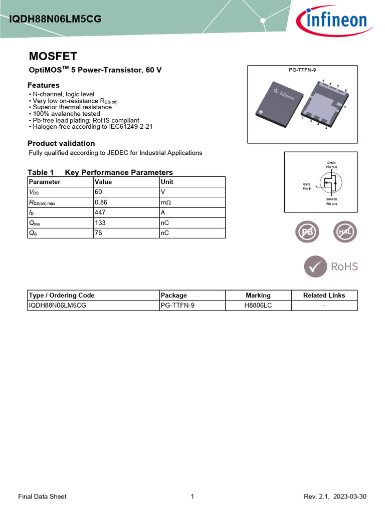 Infineon IQDH88N06LM5CG DataSheet v02 01 EN-3240825 | PDF | Field Effect Transistor | Diode