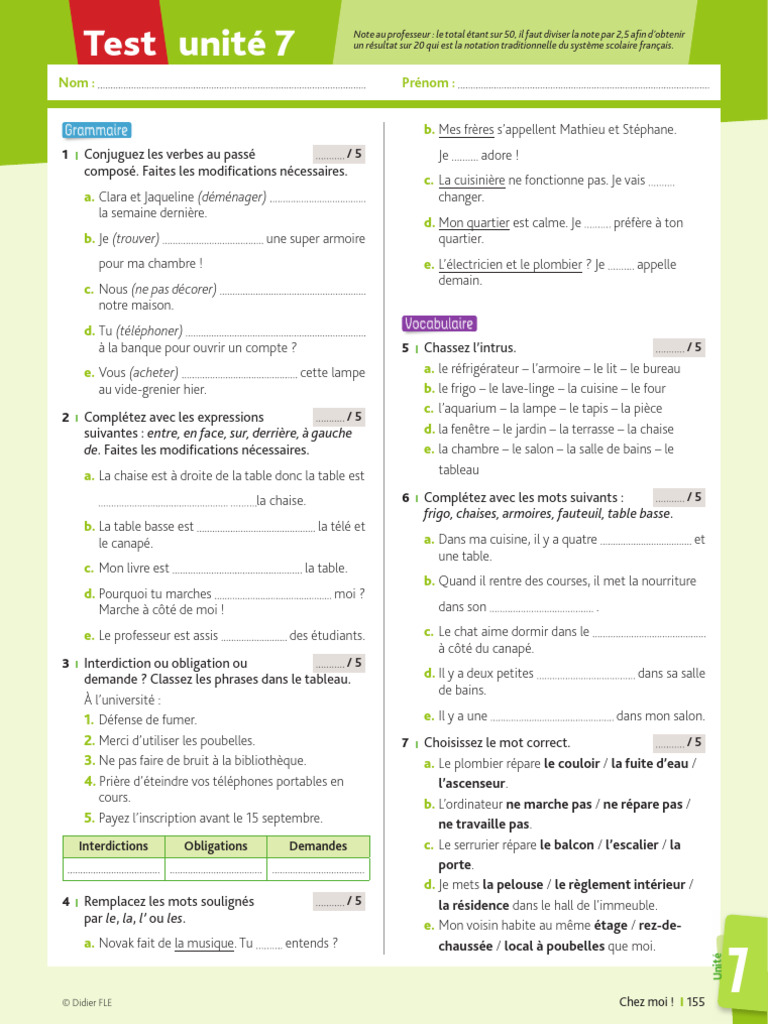Test Unité 7: Vocabulaire et Grammaire | PDF