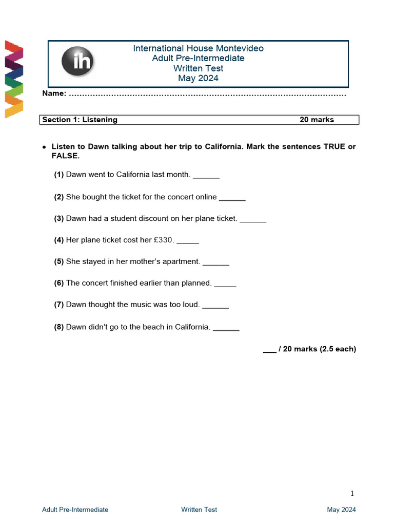 Adult Pre-Intermediate - Written Test May 2024 | PDF