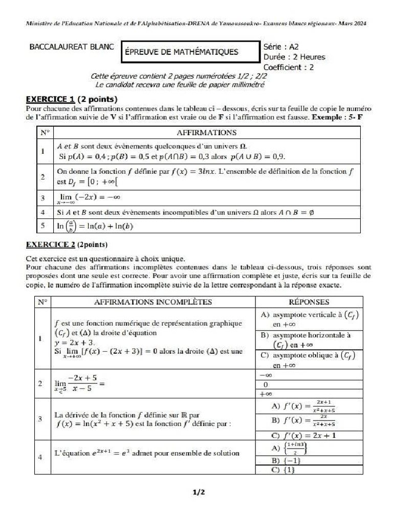 Bac Blanc 2024 Mathematiques Serie A2 Regional de Yamoussoukro Mars 2024 | PDF