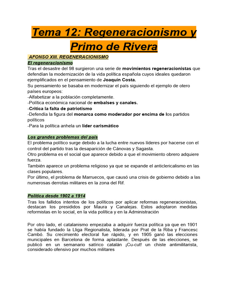 Tema 12 - Regeneracionismo y Primo de Rivera - Documentos de Google | PDF | Gobierno de españa ...