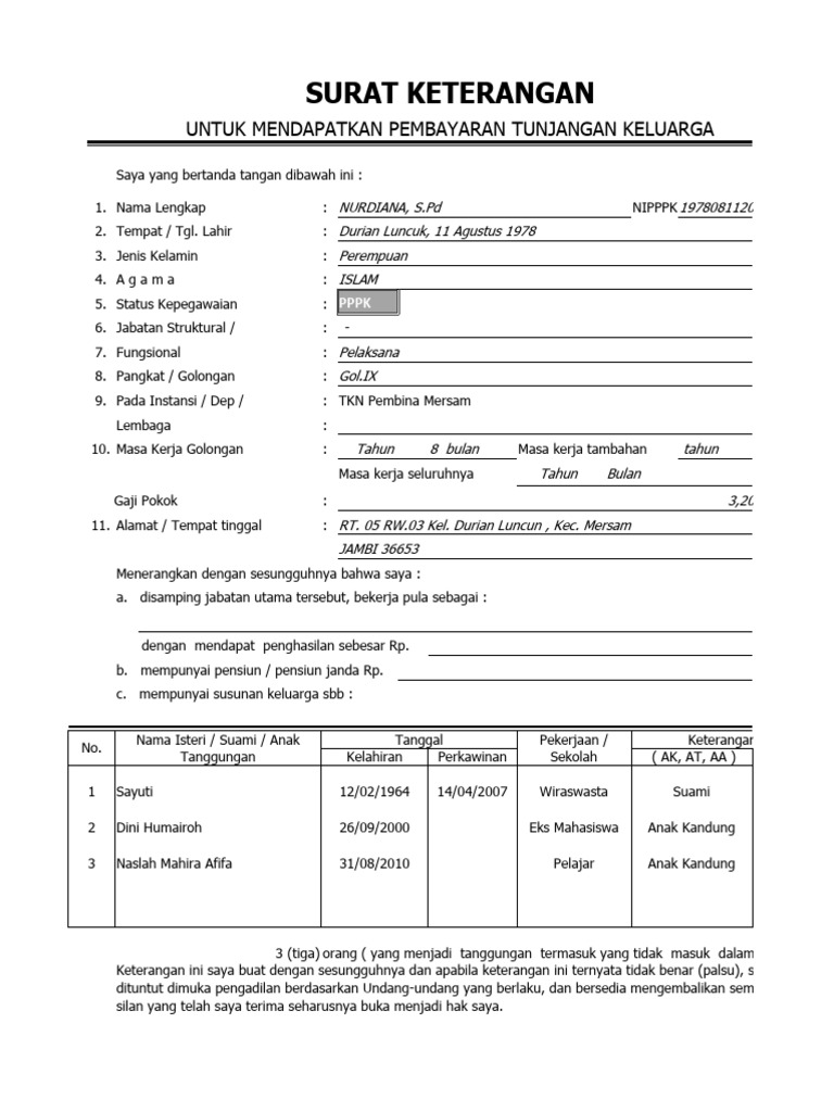 Surat Keterangan Tunjangan Keluarga | PDF