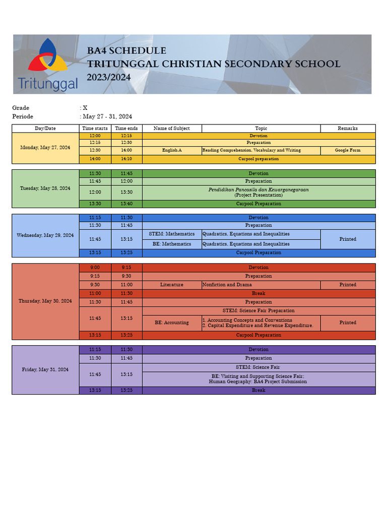 BA4 SCHEDULE & MATERIAL 2324 - Grade 10 | PDF